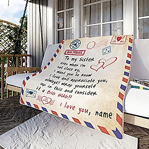 Personalized Air Mail Letter to My Sister Throw Blanket, Gift to My Big Sister from Little Brother,Customized Name,Gift to My Sister Blanket from Brother,Custom Blanket for Birthday, Christmas