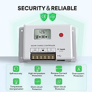 30A Solar Charge Controller, Bateria Power 12V/24V PWM Solar Panel Charger Controller Multi-Function Adjustable LCD Display with Dual USB Port Timer Setting Compatible with LFP, AGM, SLD, FLA