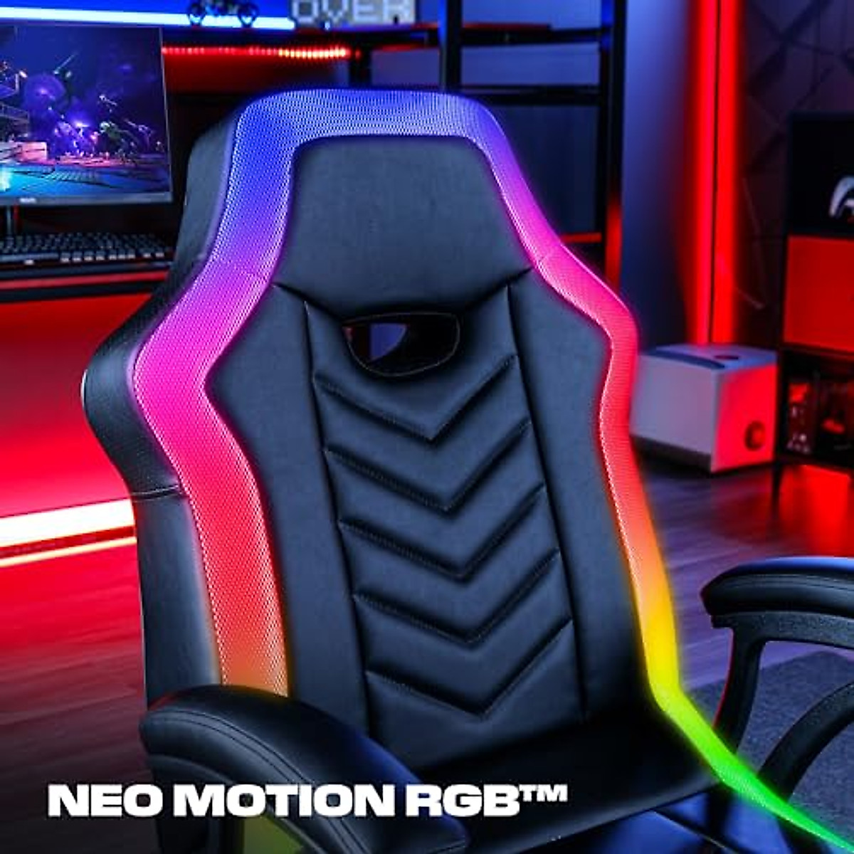 X Rocker Prism RGB LED Lounging Video Gaming Pedestal Chair with Armrests, Wireless Bluetooth Audio, Foldable, Vegan Leather, Amazon Exclusive, Black