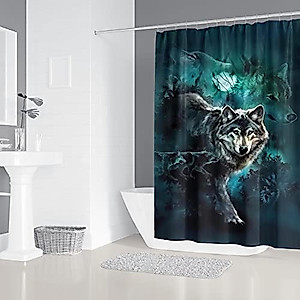 StarBlue-HGS Moonlit Night Wolf Shower Curtain Set with Non-Slip Rugs, Toilet Lid Cover and Bath Mat Accessories with Hook Bathroom Decor