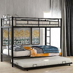 Twin Over Twin Metal Bunk Bed with Trundle,Metal Structure Bedframe with Safety Guardrails and ladders,No Spring Box Required and Space Saving Design,Black