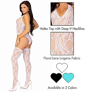 Leg Avenue womens Leg Avenue 2-piece Floral Lace Deep-v Neck Teddy and Matching Thigh Highs, One Size, Black adult exotic hosiery, White, One Size US