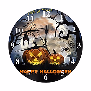HGOD DESIGNS Halloween Round Wall Clock,Spooky Card for Halloween with Pumpkinspider and Bats Moon Round Wall Clock Home & Garden Wall Decorative for Bedroom Office School Art(10")