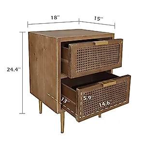 COZAYH Rustic Farmhouse Woven Fronts Nightstand, Spacious Storage End Table with 2 Drawers, Industrial Farmhouse Accent Furniture for Bedroom