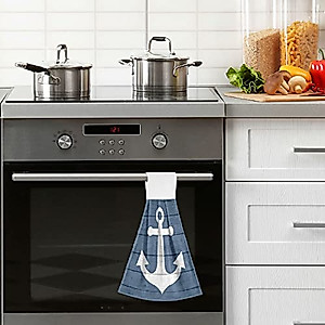 Nautical Anchor Hanging Kitchen Towels 2 Pcs Navy Blue Hand Bath Towels Tie Towels Tea Bar Towels for Bathroom Tabletop Home Decor