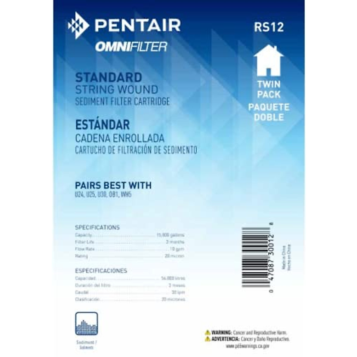 Pentair OMNIFilter RS12 Sediment Water Filter, 10-Inch, Standard Whole House String Wound Sediment Replacement Filter Cartridge, 10" x 2.5", 20 Micron, Pack of 2
