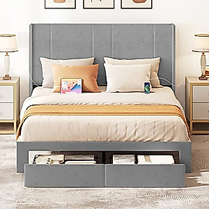 YITAHOME Queen Bed Frame with Storage Drawers, Upholstered Headboard, USB Charging Ports, Wood Slats Support, Grey