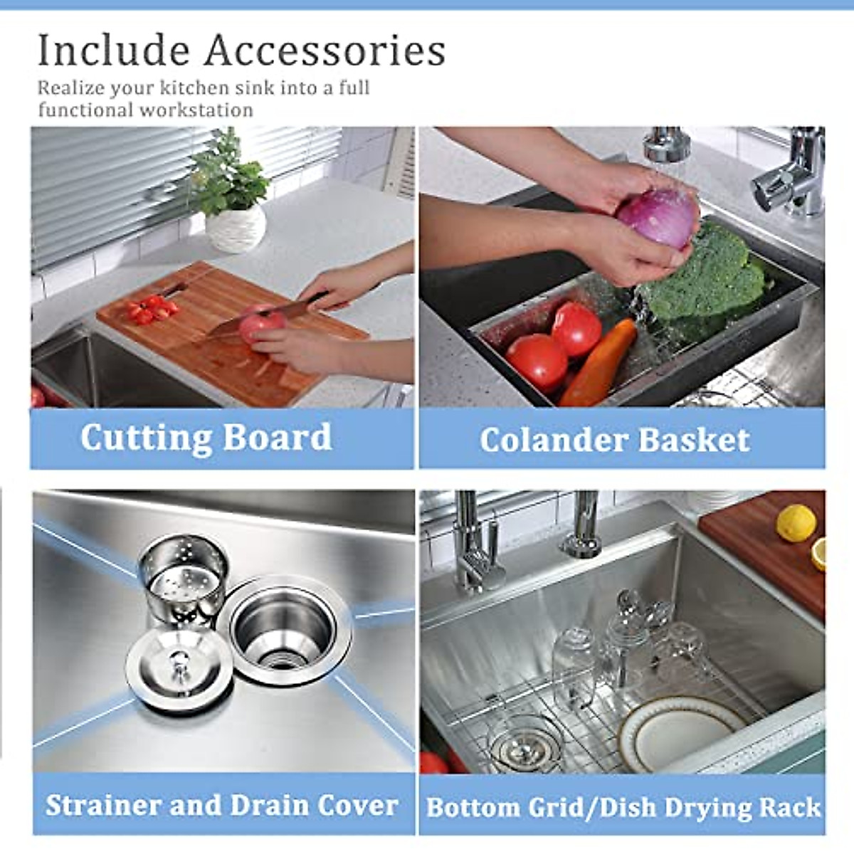 Homtone 22x18 Inch Workstation Kitchen Sink Undermount, Stainless Steel 10" Deep Single Bowl Sink, Workstation Sink with Accessories