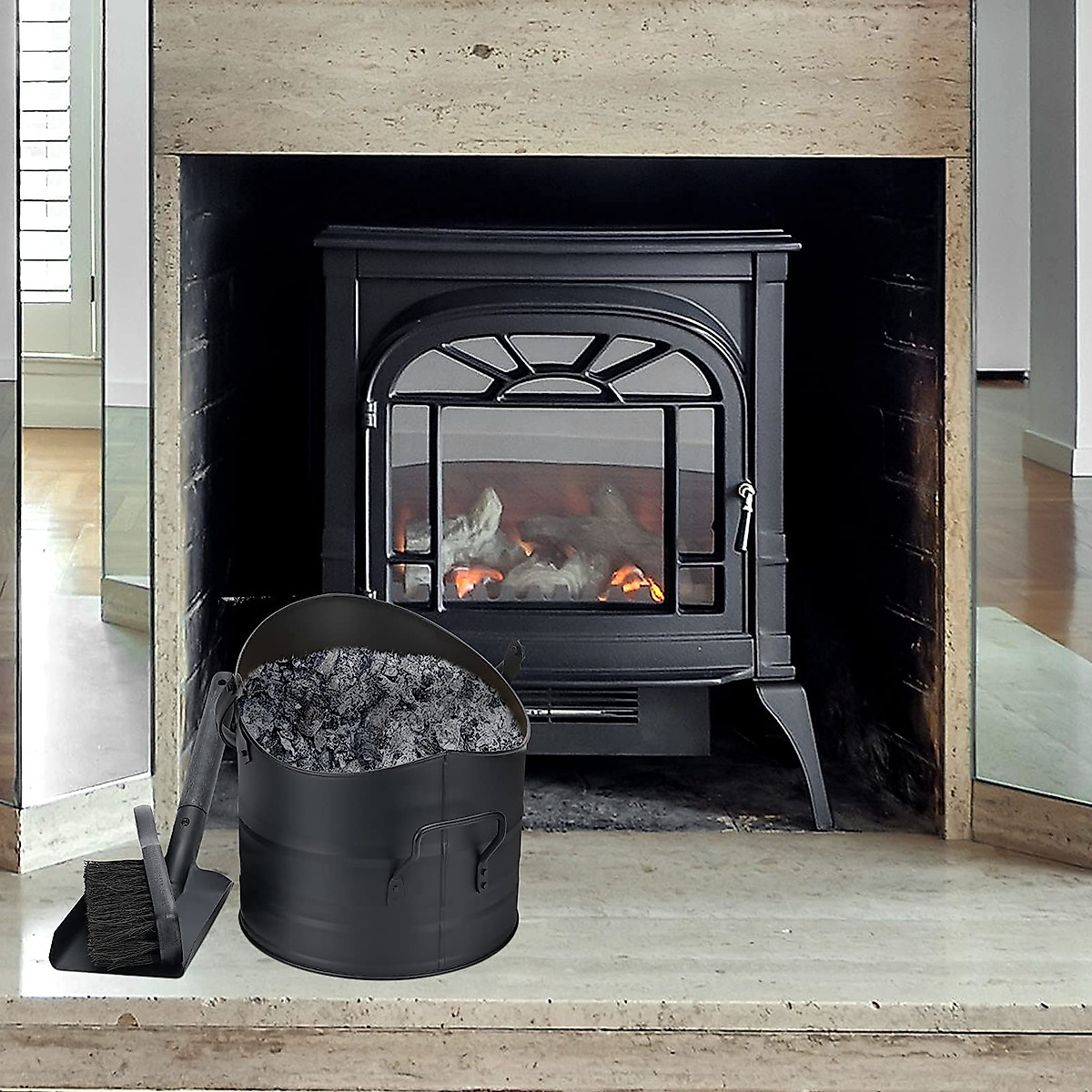 Coal and Ash Bucket with Shovel and Hand Broom, 2-Gallon Portable Pail Metal Bucket Pellet Carrier, Wood Pellet Storage Container, Tool set Accessories for Fireplace, Fire Pit, Wood Burning Stove