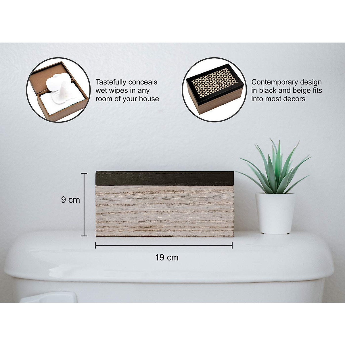 Bathroom Flushable Wipes Dispenser Decorative Wooden (MDF) Box Container to Conceal Diaper or Flushable Wipes 19cm x 12cm x 9cm Beige and Black