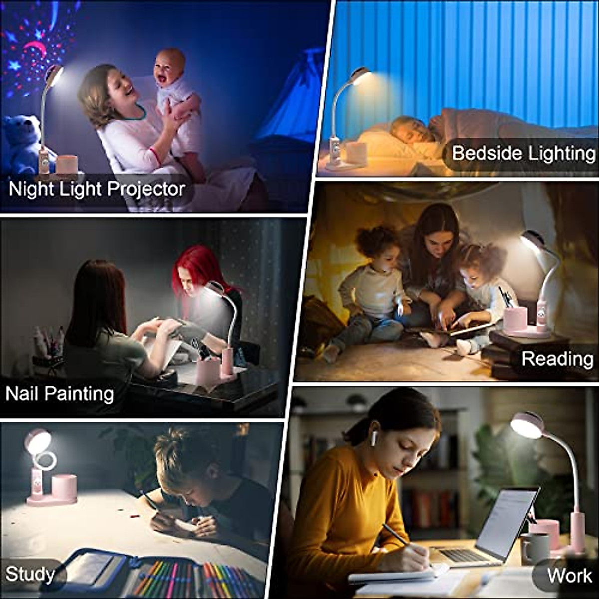 Kids Cute Kawaii Desk Table Lamp, Rechargeable Mini Portable Aesthetic Desk Lamp Desk Light with Star Projection & Pen Holder, Kawaii Desk Accessories for Kids Reading Home, Dorm as Best Gift.