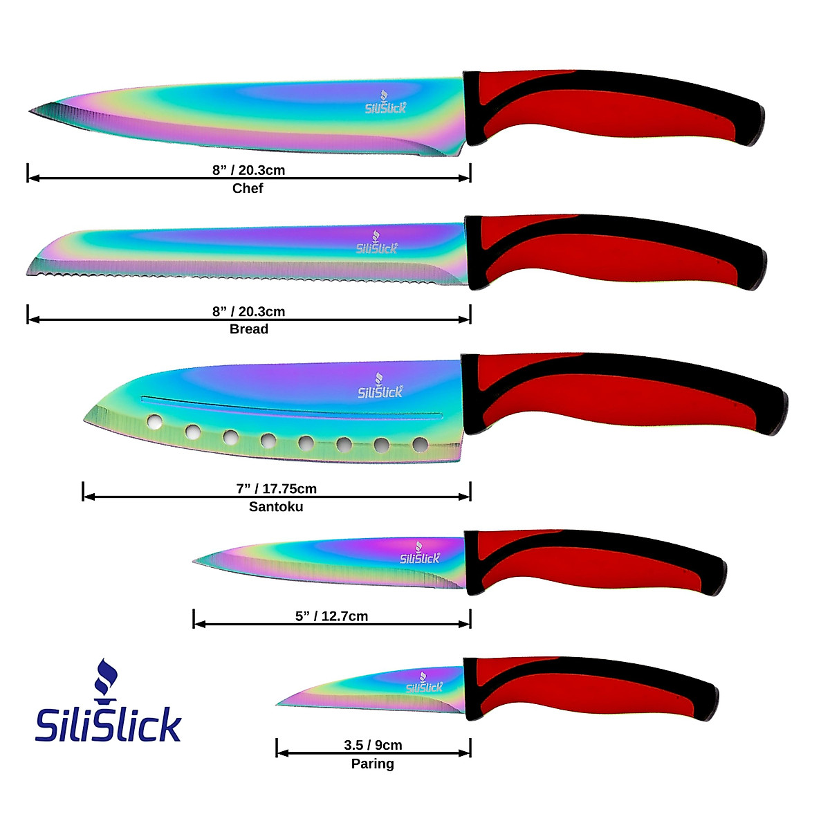 SiliSlick Kitchen Knife Set Professional, Titanium Coated Stainless Steel Blades, Dishwasher Safe, Safety Sheaths, 5 Knives