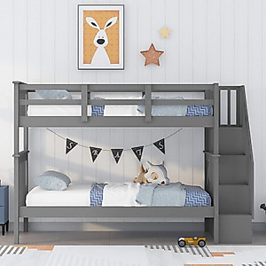 Harper & Bright Designs Bunk Beds Twin Over Twin with Stairs, Wood Bunk Bed Frame with Storage and Guard Rail,Twin Bunk Beds for Kids, Bedroom, Dorm, Teens, Adults,Grey