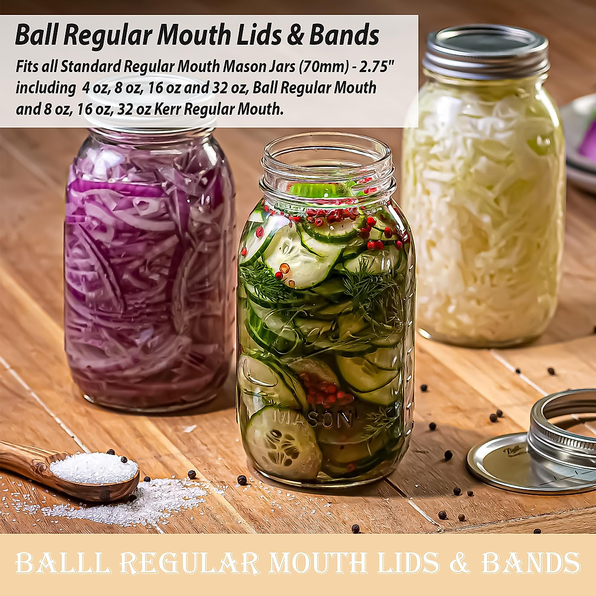 48Pcs Premium Canning Lids with Rings Regular Mouth - (24 Lids + 24 Bands for Regular Mouth Mason Jar) - Ball Regular Mouth Lids with Bands For Canning, Fermenting, Pickling, Freezing and Storage