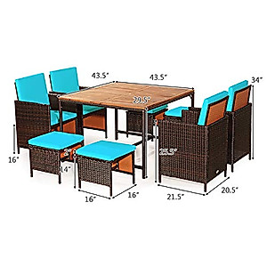 HAPPYGRILL 9PCS Patio Dining Set Outdoor Dining Furniture Set with Cushions, Space-Saving Dining Table with Acacia Wood Tabletop Rattan Wicker Chair and Ottoman Sets for Backyard Garden Poolside