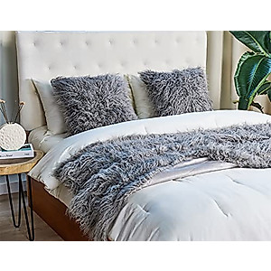 BYTIDE Mongolian Long Hair Faux Fur 50" x 60" Plush Throw Blankets with Two 20" x 20" Pillow Covers (NO Inserts) 3 Piece Set, Soft Luxury Furry Shaggy Throw with Micromink Back for Couch Bed, Gray