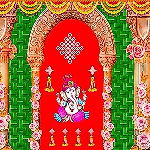 SATVIK 8x5ft. Fabric Backdrop for Indian Pooja Décor Ganpati Photo Traditional Puja Cloth Backdrop Mehndi Diwali Festival Marigold Flower Garland Tulle Curtain Wedding Bridal Baby Shower Wall Banner