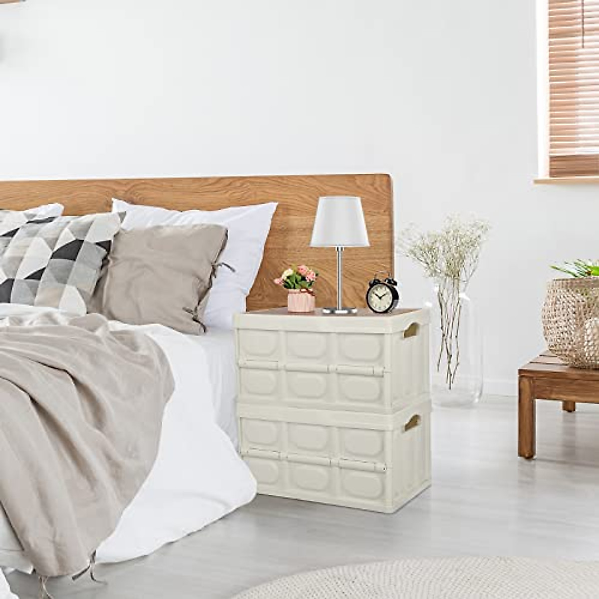 Folding Storage Bin with MDF Lid, 30L Storage Box Container Stackable Shelf Baskets Cloth Closet Car Organizers Outdoor Picnic Transport Box Toy Clothes Books Holder Plastic Collapsible Tote Crate