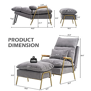 MCombo Accent Recliner with Ottoman, Fabric Arm Club Chair with Metal Legs, Adjustable Backrest and Pillow, Single Sofa Chair for Living Room Bedroom 4058 (Dark Grey, Golden Frame)