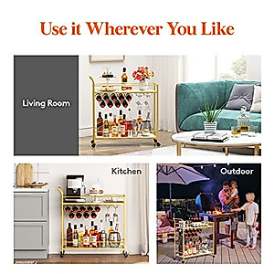 Lifewit Bar Cart, Home Bar Serving Cart, 2 Tier Drink Cart with 9 Wine Bottle Racks, Liquor Beverage Cart for Kitchen Dining Living Room Outdoor, 31.5" x 13" x 34.6", Gold