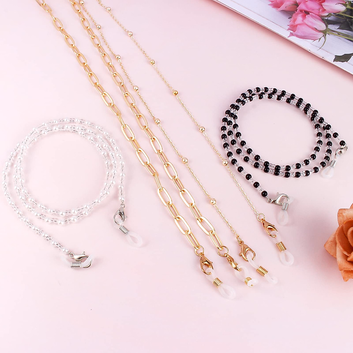 ONESING 4PCS Eyeglass Chain Sunglasses Strap Holder Elegant Reading Glass Cords Lanyard Necklace Eyewear Retainer Metal Long Necklace Accessories with Rubber Ends for Women Men