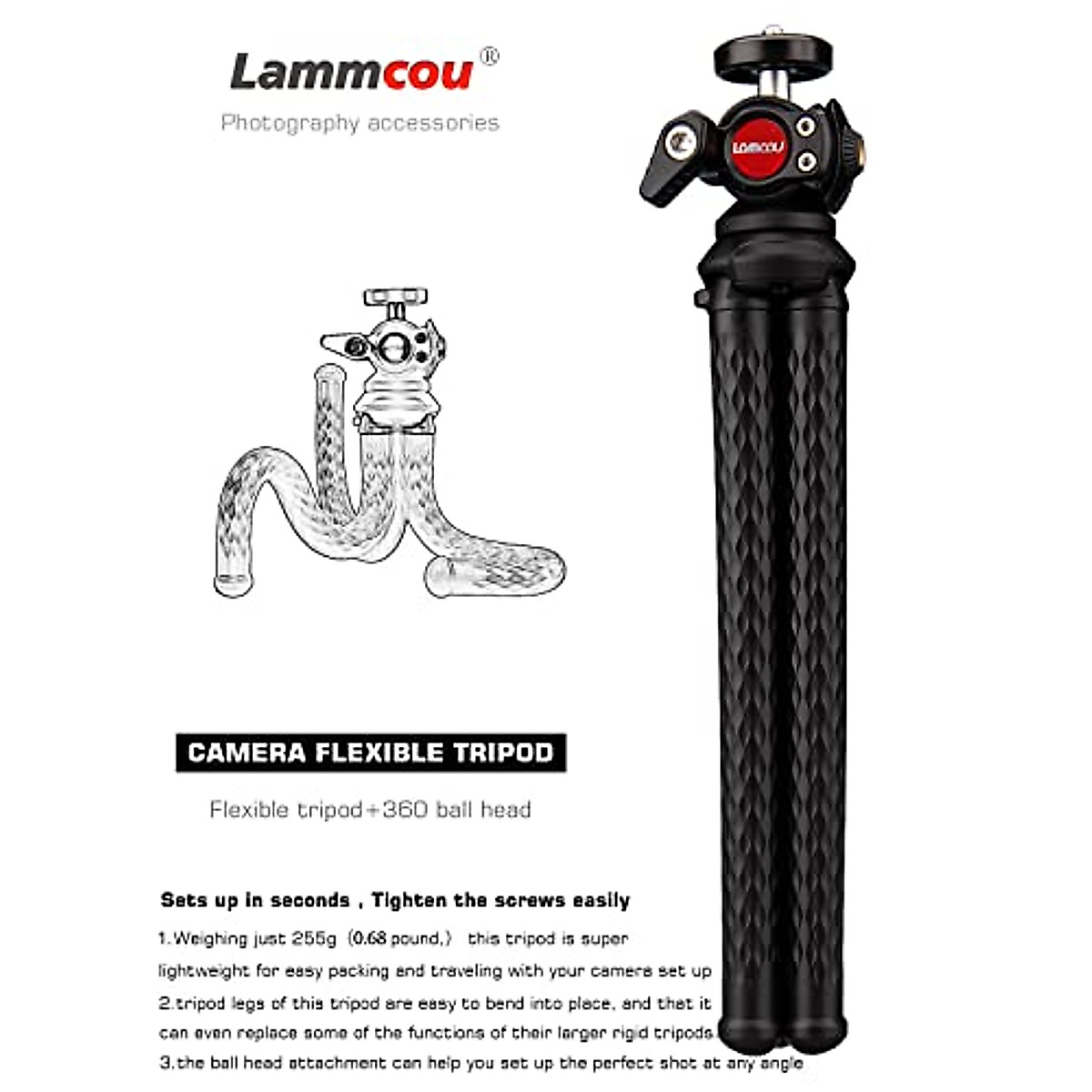 Lammcou Camera Tripod Flexible Mini Small Travel Lightweight Bendy Selfie Gorrila Tripod for DSLR Camera Vlogging Video Camera Action Camcorder Webcam Projector Ring Light Accessory Trípode