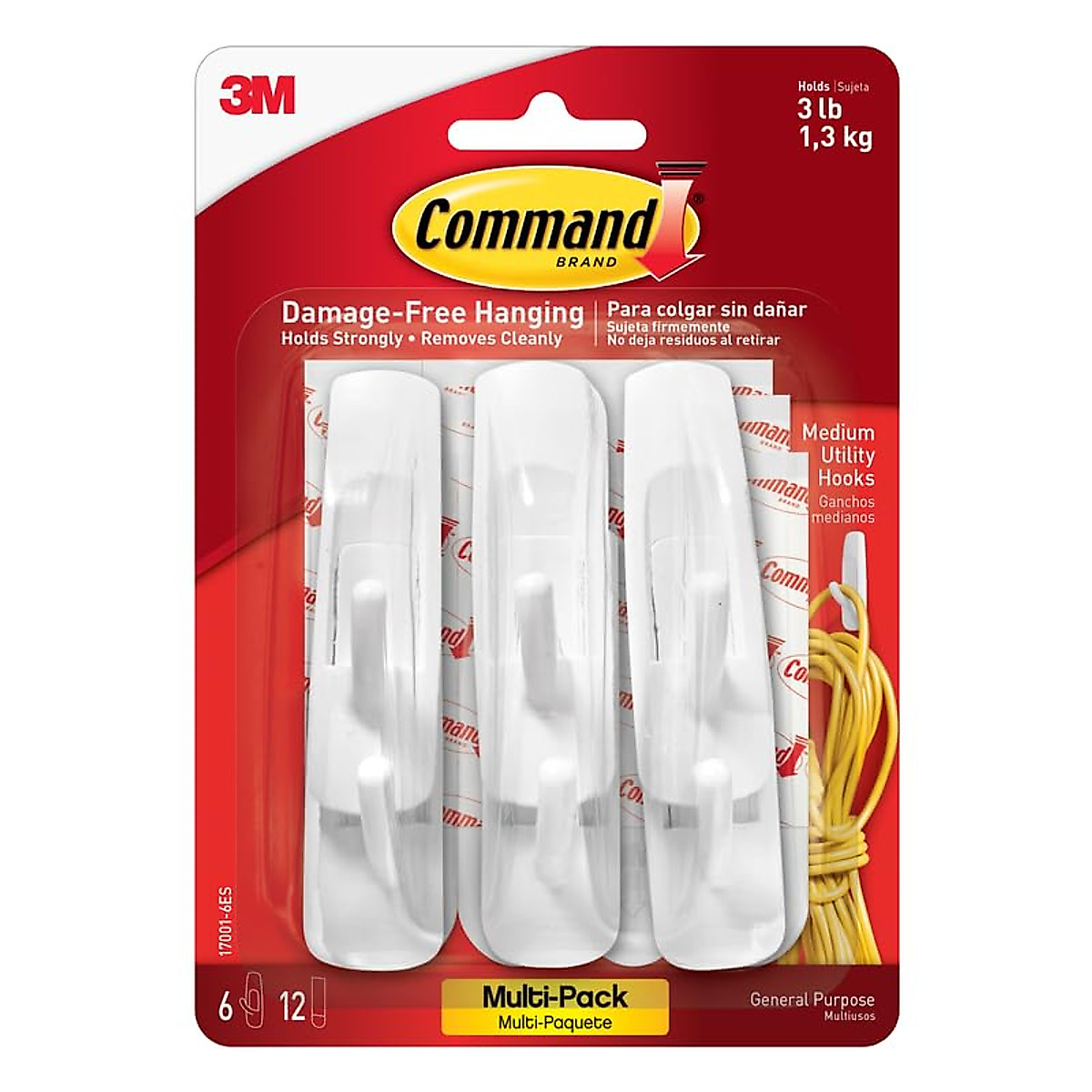 Command 170016Es Reusable Adhesive Hooks, Medium, Value Pack, 6/Pk,We