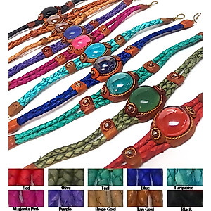 Mia Jewel Shop Round Glass Bead Cat's Eye Cabochon Braided Dyed Leather Bracelet - Womens Fashion Handmade Jewelry Boho Accessories (Olive)