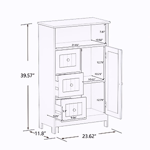 OQSC 39.4 Tall White Bathroom Floor Cabinet Freestanding Storage Cabinet Side Storage Organizer with 3 Drawers&1 Cupboard&1 Shelf for Bathroom Living Room Entryway
