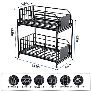 Laokiiy Under Sink Organizers, Storage Bathroom Organizer 2 Tier Under Sliding Kicthen Cabinet Basket Organizer with Hooks, Multi-purpose Under Sink Shelf Organizer, Black