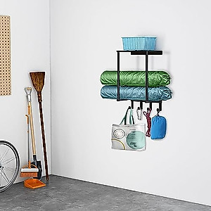 Camping Chair Storage, Metal Camping Chair Holder for Garage with 4 Hooks, Beach Chair and Umbrella Wall Storage Rack, Black