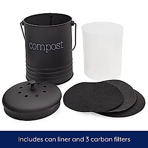 AuldHome Black Enamelware Compost Bin, Farmhouse Compost Can Set with Lid and Charcoal Filters, 1.3 Gallon