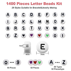 Redtwo 1400 Pcs Letter Beads for Friendship Bracelets Making Kit, A-Z Alphabet Beads, Colorful Heart Beads & Number Beads for DIY Jewelry Making