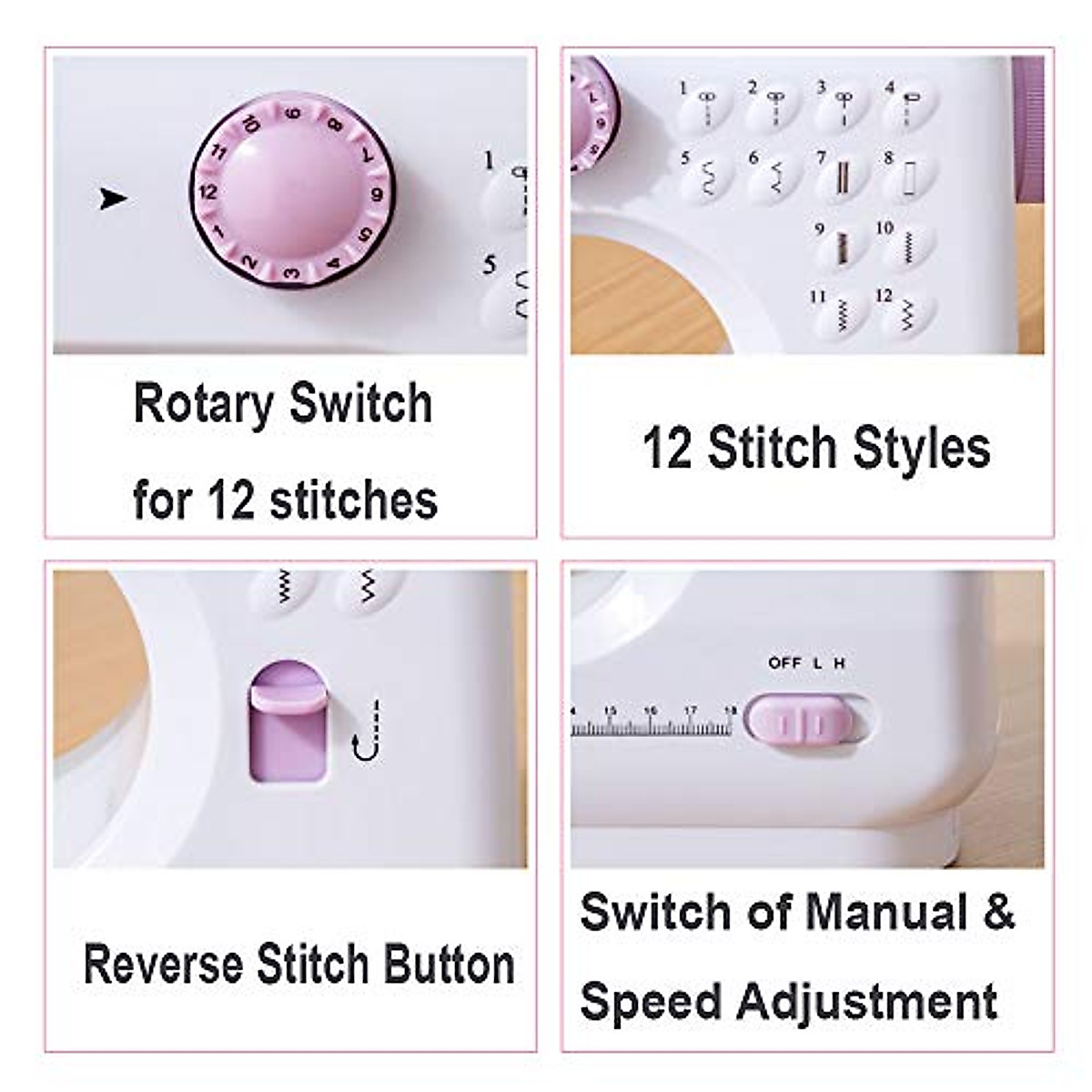 Dechow Sewing Machine for Beginners, Electric Mini Portable, 12 Built-in Stitches with Reverse Sewing, 2 Speeds Double Thread with Foot Pedal, 14 Pcs Floral Cotton Fabric, 12 Colors of Polyester Sewing Threads Set 200 Yards Each(Purple)
