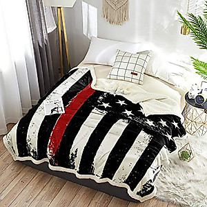 Sherpa Fleece Throw Blanket Black White and Red American Flag Home Decor Reversible Fuzzy Warm and Cozy Throws, Honoring Firefighters Redline Super Soft Plush Bed TV Blankets for Couch/Sofa/Travel