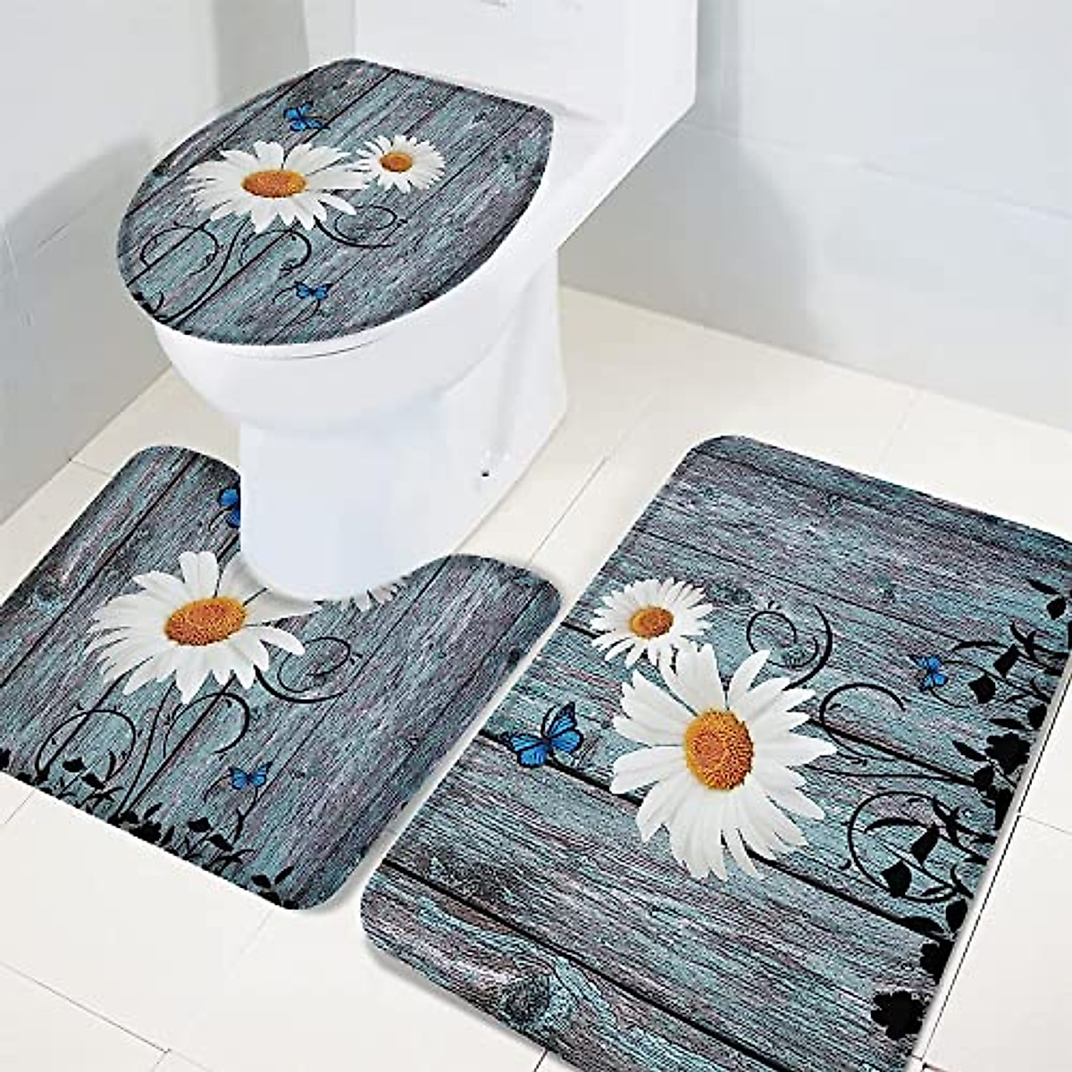 Apular Fashion 3 Piece Bath Rugs Set Rustic Floral Yellow Daisy Butterfly on Rustic Blue Wooden Non Slip Ultra Soft Bathroom Accessories Mats, U Shape Mat and Toilet Lid Cover Mat Bath Mats