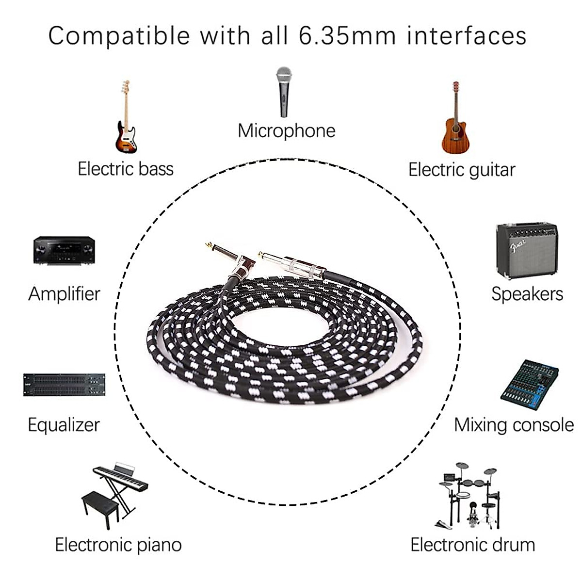 SDYQD Guitar Cable 20 ft - 1/4 Inch Right Angle Black/White Instrument Cable - Professional Quality Electric Guitar Cord and Amp Cable - Electric Instrument Cable - Pro Audio