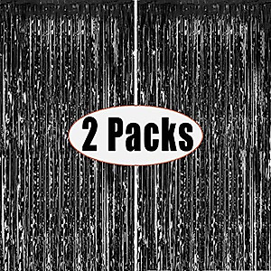 2 Packs 3ft x 8.3ft Black Metallic Tinsel Foil Fringe Curtains Photo Booth Props for Birthday Wedding Engagement Bridal Shower Baby Shower Bachelorette Holiday Celebration Party Decorations