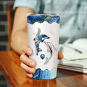 Wassmin Dolphin Tumbler Dolphin Gift For Women Girls Teen Dolphins Jewelry Drawings Stainless Steel Insulated Tumblers Coffee Travel Mug Cup 20oz With Lid Birthday Christmas Presents