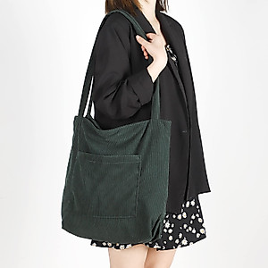 WantGor Women Corduroy Tote Bag, Large Shoulder Hobo Bags Casual Handbags Big Capacity Shopping Work Bag (Dark Green)