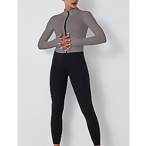 Fenclushy Womens Cropped Slim Athletic Yoga Workout Track Sports Zip Up Jacket with Thumb Holes(khaki,S)