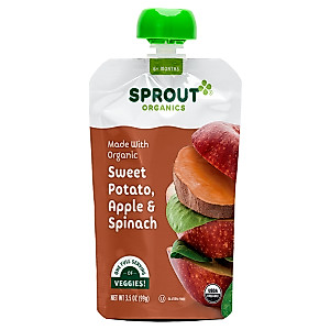 Sprout Organic Baby Food, Stage 2 Pouches, Sweet Potato Apple and Spinach, 3.5 Oz Purees (Pack of 12)