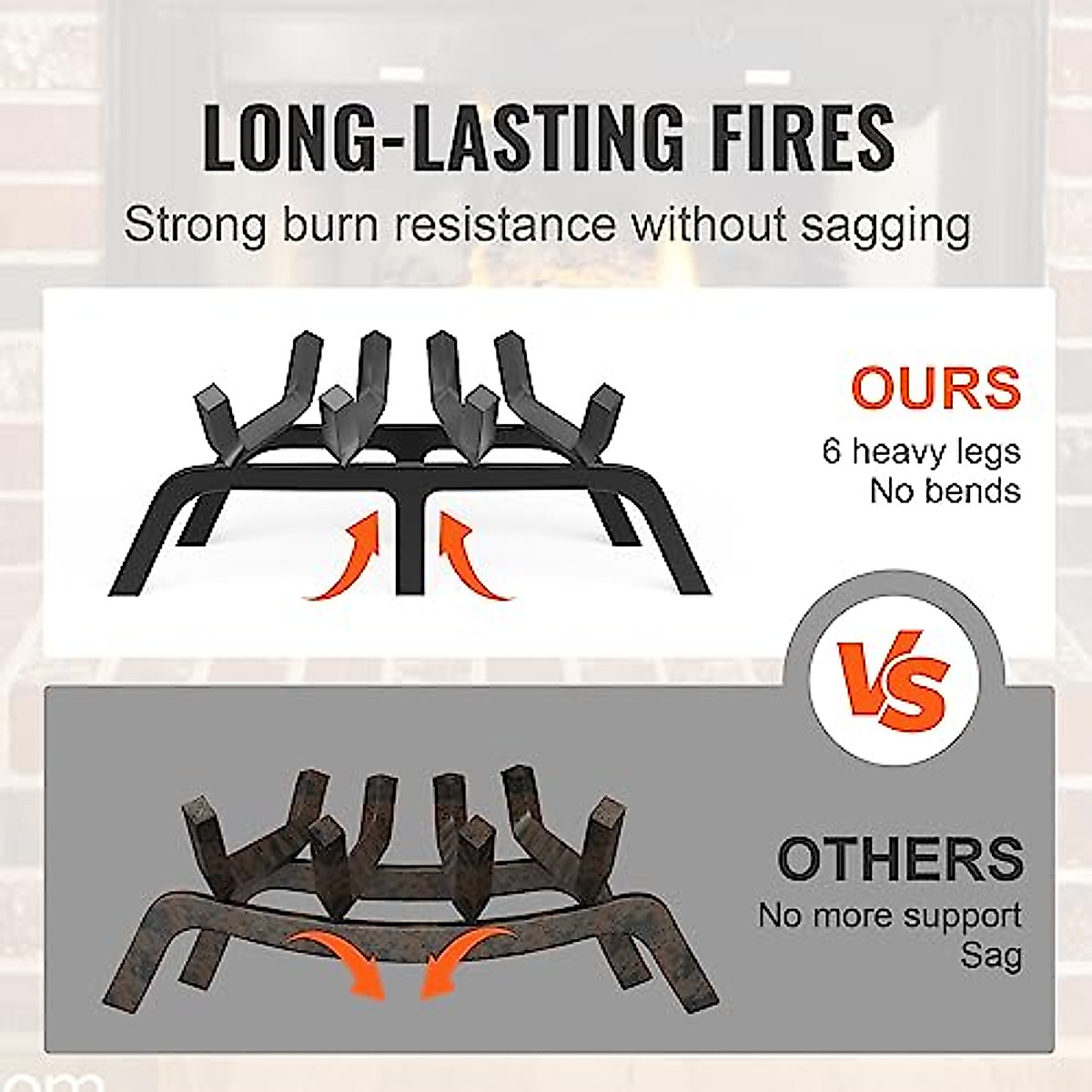 VEVOR Fireplace Grate, 18 inch Heavy Duty Fireplace Pit Grill Grate with 6 Support Legs, 3/4'' Solid Powder-Coated Steel Bars, Fire Logs Firewood Burning Rack Holder for Indoor and Outdoor Fireplace