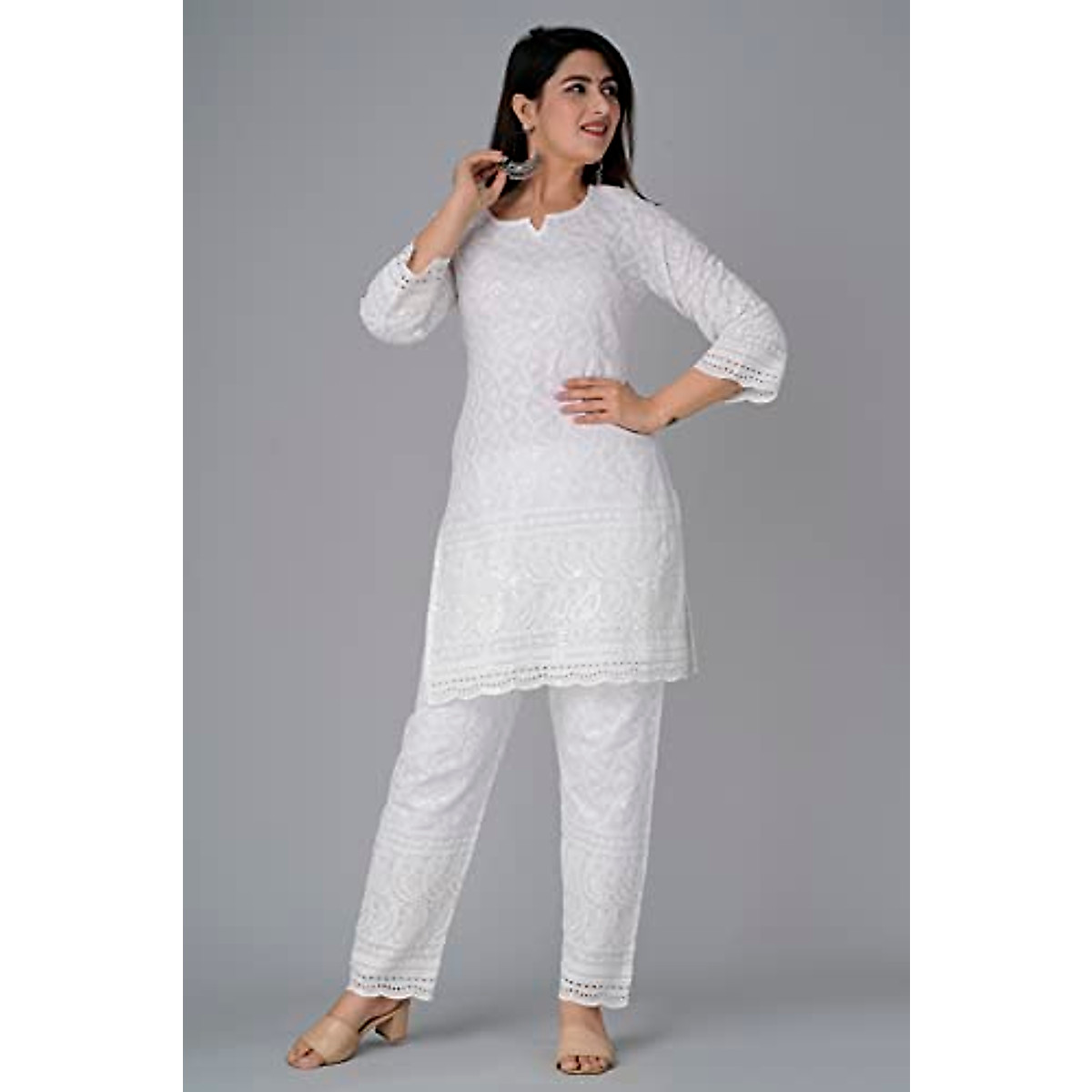 JG JAI GOVINDAM Chikankari Cotton Indian Kurtis for Women Summer Dresses Tunic Top Pant Set Pakistani Salwar Kameez Suit Set White-(X-Large)