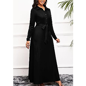 Women Maxi Button Down Long Sleeve Print Dress Casual with Pockets and Belt Maternity Dress