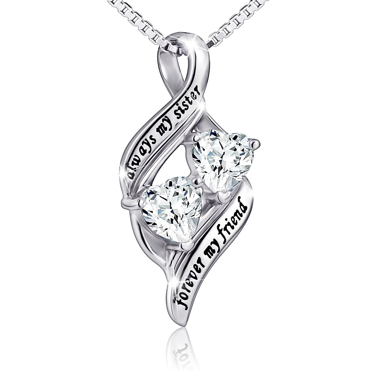 DAOCHONG 925 Sterling Silver Always My Sister Forever My Friend Double Love Heart Necklace, Box Chain 18"