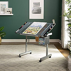 Studio Designs Vision Craft and Drawing Station - 35.5" W by 23.75" D Silver-Blue Glass Top Drafting Table with Pencil Drawers, Side Trays, & Built-In Pencil Ledge - Angle Adjustable Work Surface