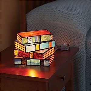HWZQDJ Stained Glass Stacked Books Lamp Colored Handmade Resin Book Shaped Night Light, Bedside Counter Book Lamp Reading Corner Lighting Home Decor