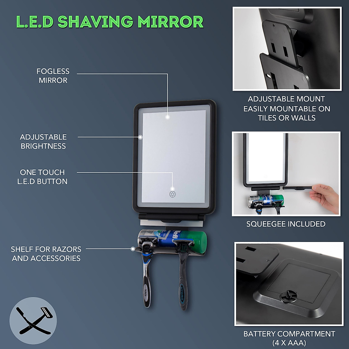 Clean Shave Fogless Shower Shaving Mirror with LED Lights - Clear Bright Mirror - Modern, Smooth Design - Storage for Razor and Bathroom Accessories - Squeegee - Tile or Wall Mounted, Easy to Install