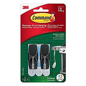 Command Outdoor Stainless Steel Wire Hooks, Damage Free Hanging Wall Hooks with Adhesive Strips, No Tools Wall Hooks, 2 Black Hooks and 3 Weather Resistant Command Strips